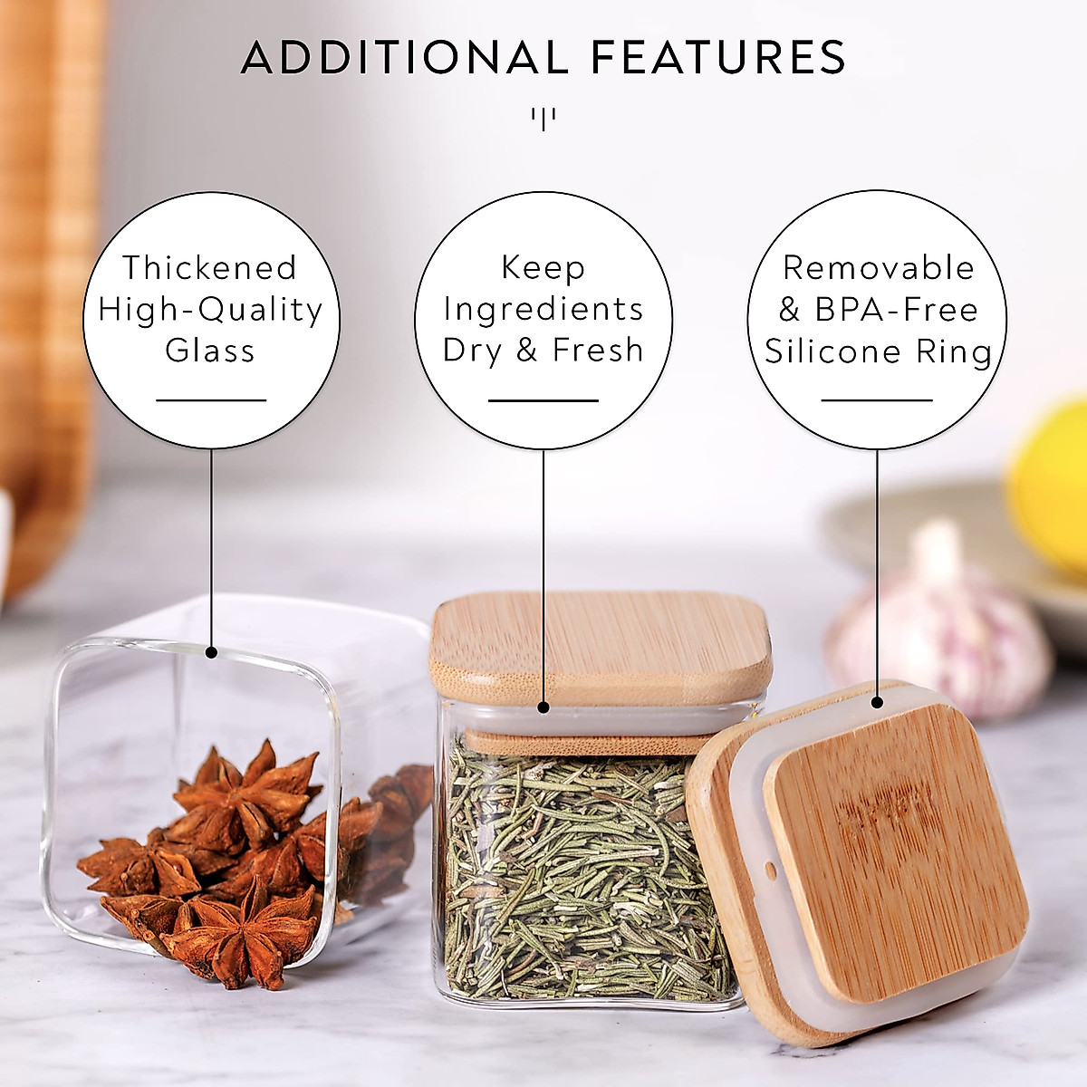 Laramaid 5oz 12Packs Glass Jars Set with Minimalist Spice Labels, Square Spice Jars with Bamboo Lids and White Vinyl Customized Sticker Labels, Food Storage Container Canisters