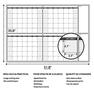 Large Wall Calendar Undated - Dry Erase Calendar for Wall，35.8 '' X 31.8 '' - Four Monthly Dry Erase Reusable Wall Planner - Includes 8 Sticker Dots and 5 Whiteboard Markers