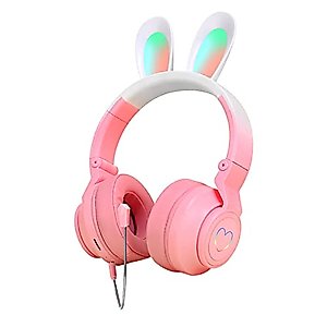 JINSERTA Kids Headphones with Bunny Ear LED Light Up,Noise Cancelling Adjustable Microphone Headset,Wireless Foldable Over-Ear Headphones for Kids Gifts/School/Kids Tablet/Travel (Pink)