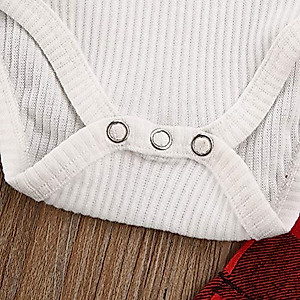 Newborn Baby Girl Suspender Skirt Outfit Set Christmas Ruffle Long Sleeve Plaid Shirts and Overall Skirts+Headband (Red , 0-3Months )