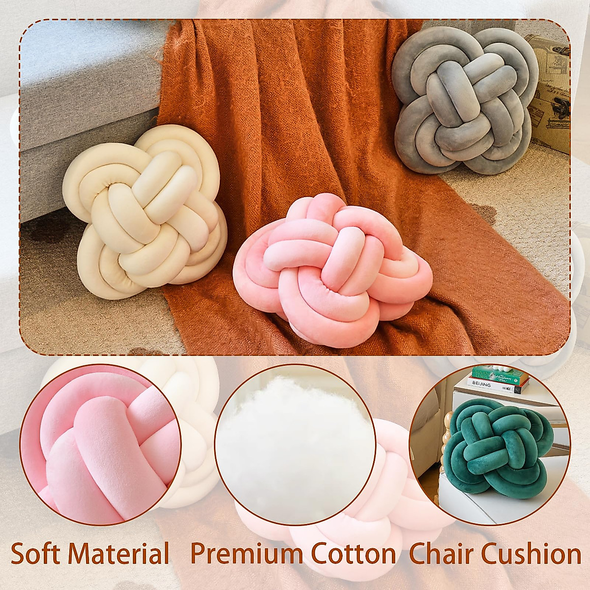 Xuyier Knot Pillow Ball, Decorative Throw Pillows with Velvet Fabric for Couch Bed, 12" Decor Knotted Square Floor Pillow Cushions for Living Room (12 Inches, Ivory White)