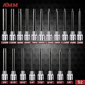 AMM 19-Piece 3/8 Inch Drive Extra Long Allen Hex Bit Socket Set, Standard SAE & Metric (1/8-Inch - 3/8-Inch, 3-12mm), S2 Alloy Steel, Durable Tool Accessories