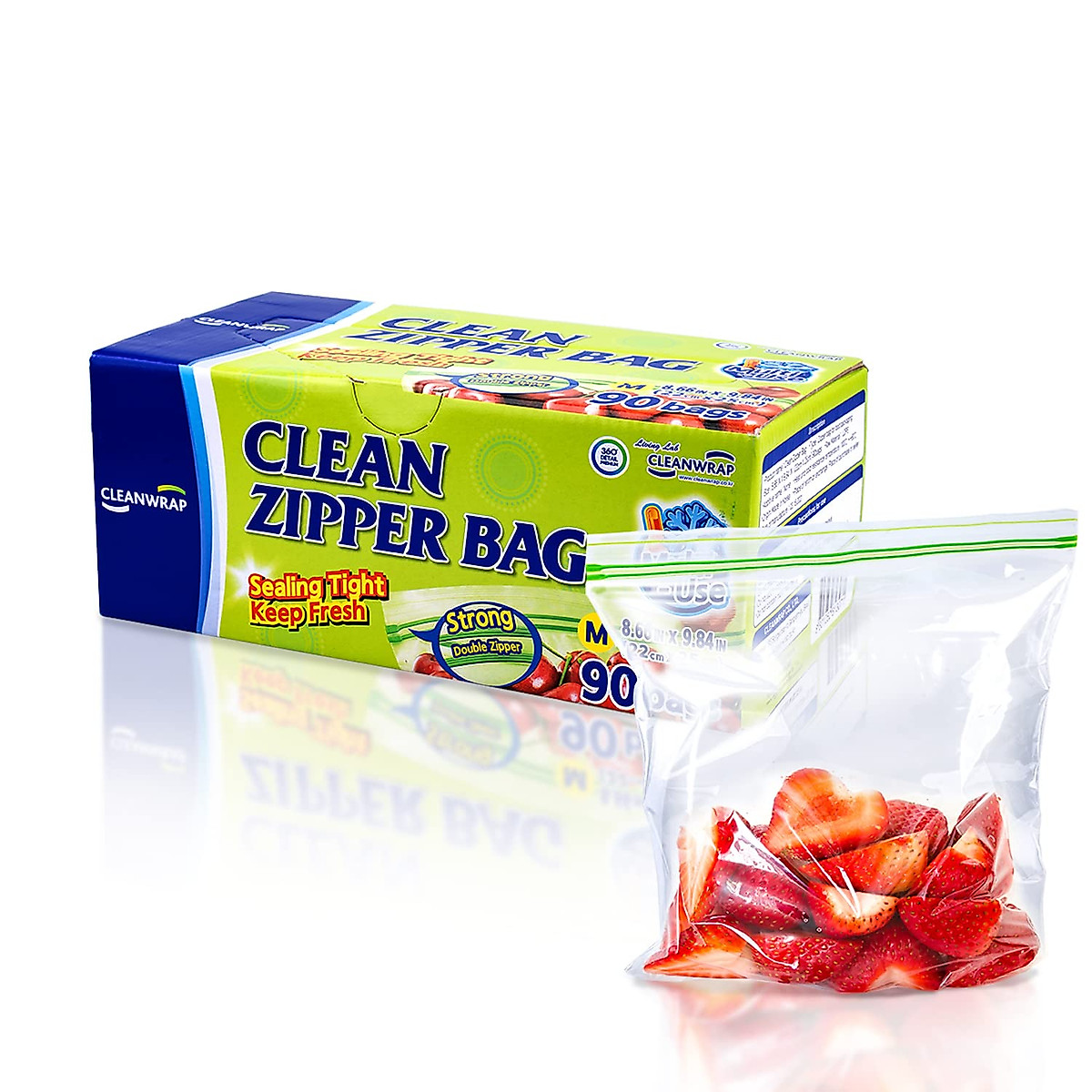 Clean Zipper Bag Medium 90 Bags, LDPE, BPA FREE, Food Storage Bags, Freezer Bags
