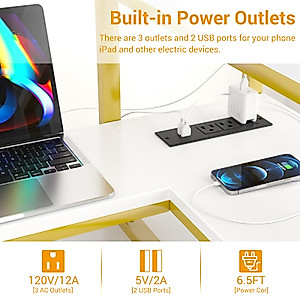 Cyclysio Gaming Desk 47", Computer Desk with Reversible Storage Shelves, Home Office Desk with Power Outlets & RGB Led Lights, Small Desk for Gaming, Studying, Working White