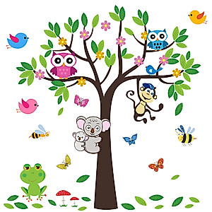 Amaonm Giant Tree With Cartoon Animals Monkey Owls Wall Sticker Removable 3D DIY Green Leaves Wall Decal Nursery Peel and Stick art Decor for Kids Baby Bedroom Home Living Room Classroom Decoration