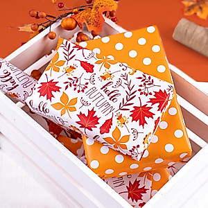 WRAPAHOLIC Reversible Autumn Wrapping Paper - Mini Roll - 17 Inch X 33 Feet - Maple Leaf and Orange Polka Dots Autumn Design for Fall Celebrating, Holiday, Party