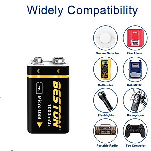 Molo 9V Rechargeable Battery 1000 mah,USB Rechargeable Lithium Batteries - Long Lasting LI-ion Batteries,No Memory Effect-with Micro Charging Cable,Ideal for Any Devices Need 9V Batteries 48x26x17mm