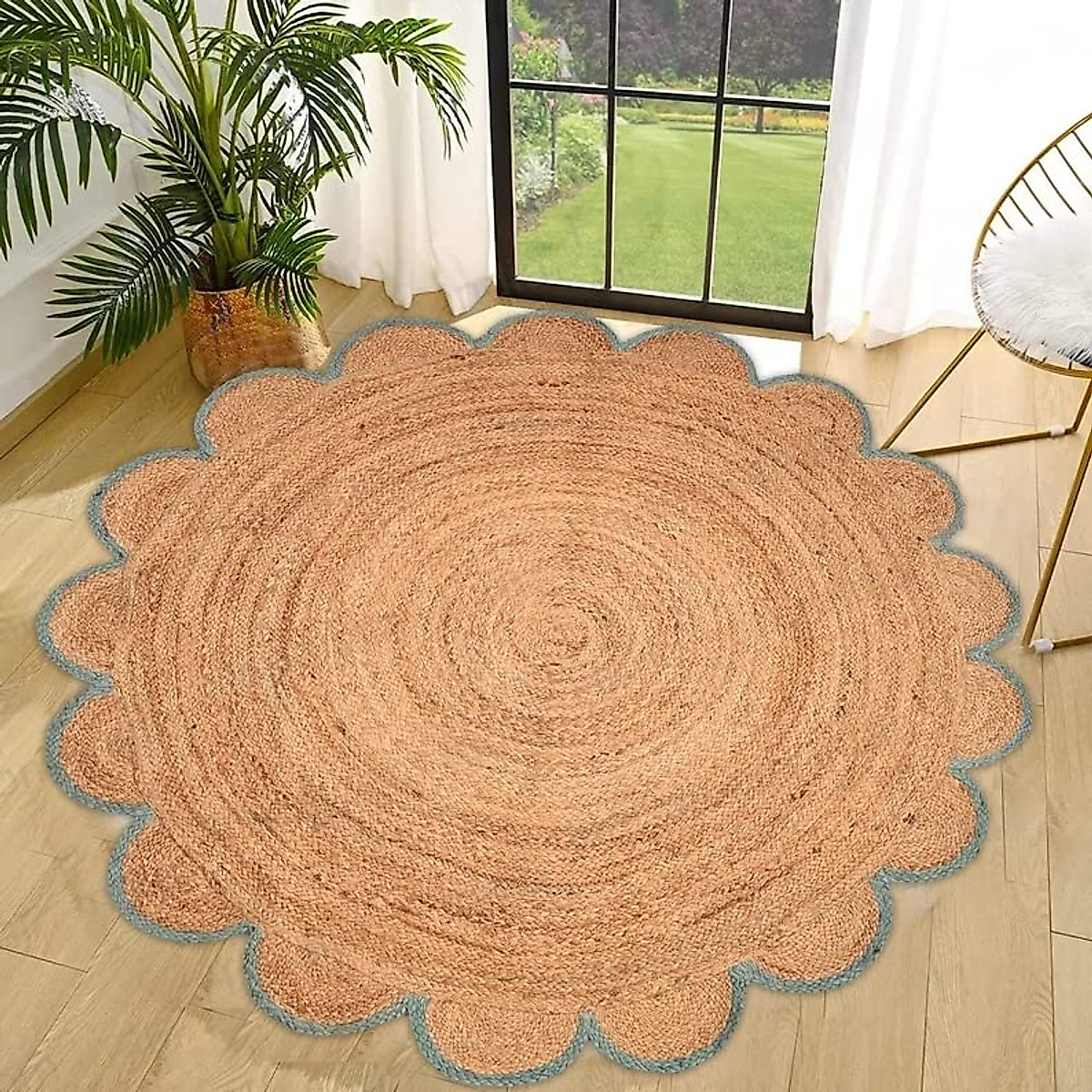 4x4, 5x5, 6x6, Natural Jute Scallop Round Rug, Floor Scalloped Edge Rug Braided Boho Eco Large Circular Handmade Area Rugs (6x6 Ft Round Rug)