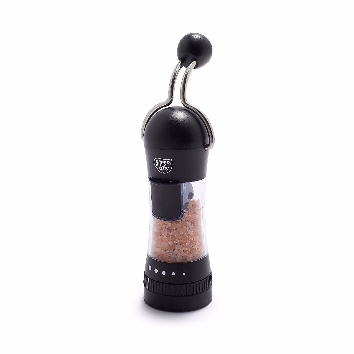GreenLife Salt and Pepper Grinder, Mess-Free Ratchet Mill, Adjustable Coarseness and Easily Refillable, Black 1/3 Cup Capacity
