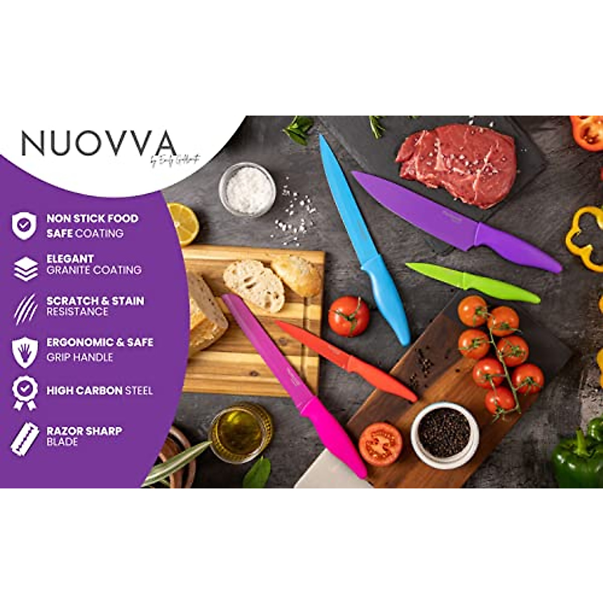 nuovva Kitchen Knife Set with Colour Coding 5 Piece Coloured Knives Set Stainless Steel
