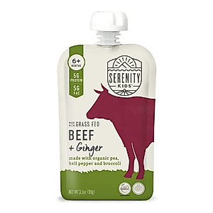 Serenity Kids 6+ Months Baby Food Pouches Puree Made With Ethically Sourced Meats & Organic Veggies | 3.5 Ounce BPA-Free Pouch | Grass Fed Beef & Ginger, Pea, Bell Pepper, Broccoli | 6 Count