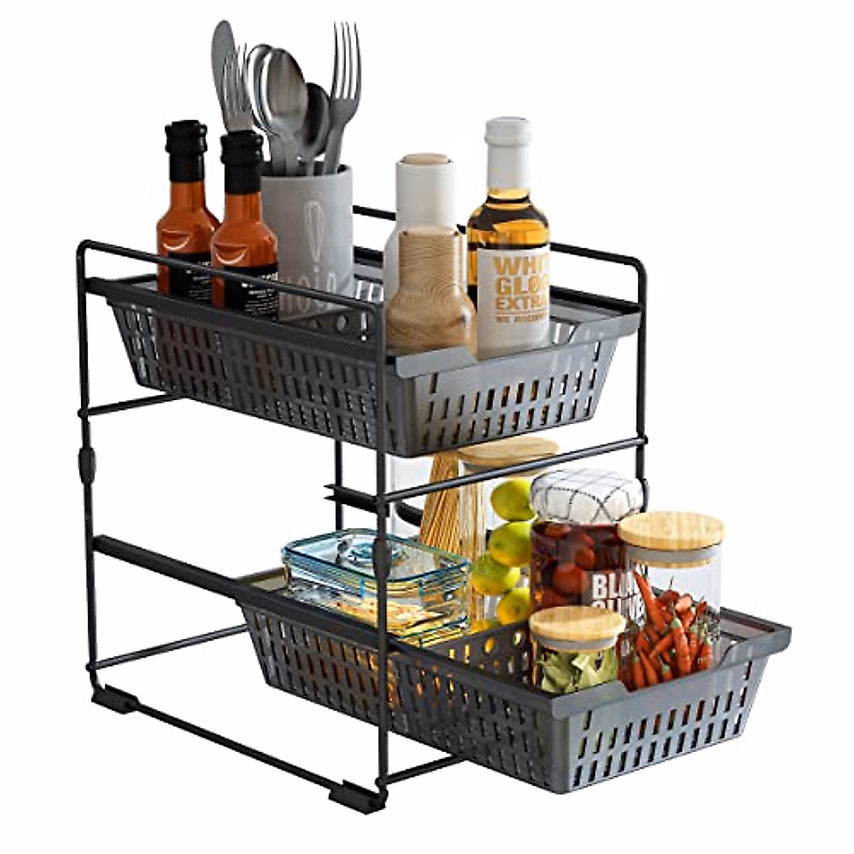 junyuan Under Sink Organizers and Storage,Bathroom Countertop Organizer,Pull Out Cabinet Organizer Baskets with Dividers,Black