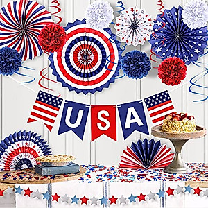 59pcs 4th of July Patriotic Decorations - Fourth of July Decor American Flag Party Supplies, USA Flag Pennant, Red White Blue Paper Fans, Latex balloons, Star Streamer, Hanging Swirls for Memorial Day