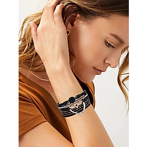 Multilayer Leather Wrap Bracelet for Women Black Leather Cuff Bracelet Western Boho Bracelet with Clasp Rhinestone Leather Bracelets Jewelry for Women Trendy Stocking Stuffers