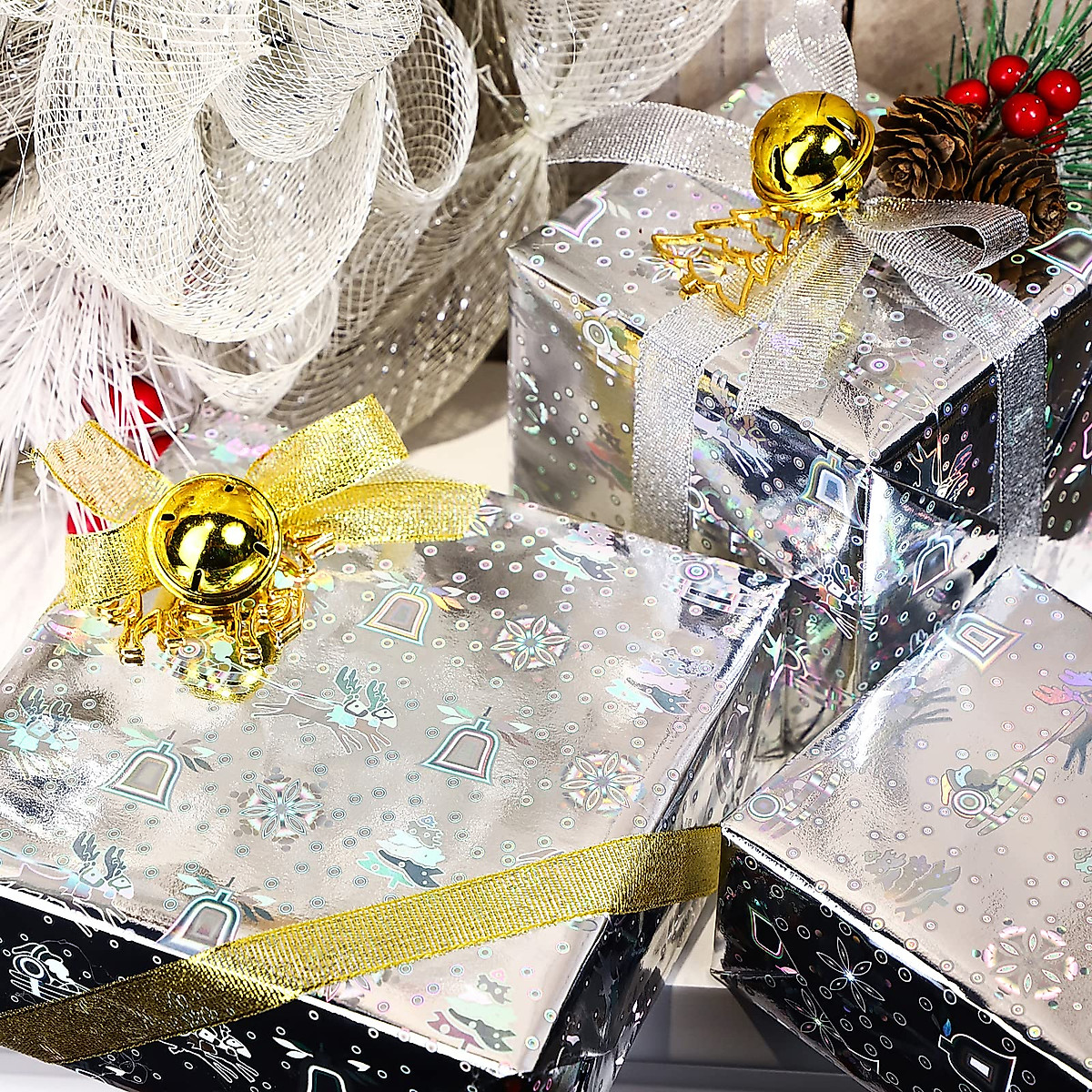 LeZakaa Christmas Holographic Wrapping Paper - Mini Roll - Reindeer and Bell Print for Gift Wrap - 17.32 inches x 32.8 Feet (47.23 sq.ft.)