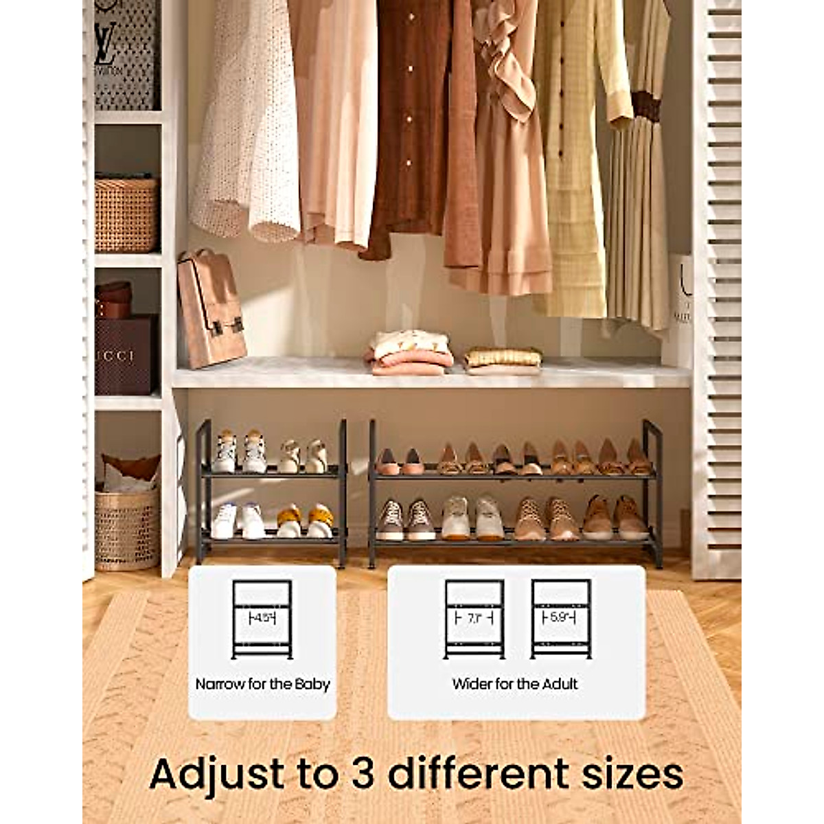 Hzuaneri 2-Tier Expandable Shoe Rack, Adjustable Shoe Storage Organizer, Heavy Duty Metal Shoe Stand, Free Standing Shoe Shelf for Entryway Closet Doorway, Portable and Space Saver, Black