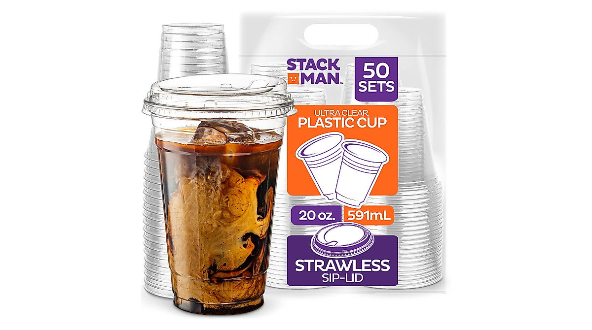 20 oz Clear Cups with Strawless Sip-Lids - 50 Disposable Sets