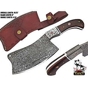Sapra Damascus steel 10.75” Inches Meat Cleaver Chef Butcher Vegetable frozen Boning Cleaver Knife Heavy Duty Sharp Edge Full Tang Meat Cleaver Bone Copper with Genuine Leather Sheath
