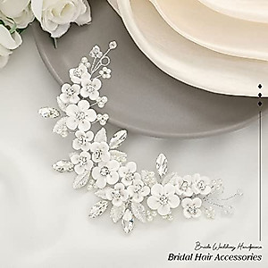 Unicra Silver Flower Bride Wedding Hair Vine Pearl Bridal Hair Piece Rhinestone Hair Accessories Leaf Headband for Women and Girls