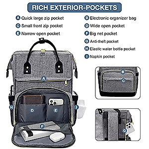 Water Resistant Large Travel Bags, Business Teacher Nurse Computer Purse Work Bag with USB Charging Port, Fit 15.6 Inch Laptop Backpack for Women Men, Grey Black