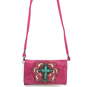 Justin West Western Floral Laser Cut Embroidery Studded Silver Rhinestone Cross Wristlet Trifold Wallet Attachable Long Strap (Purple)
