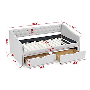 SmartDer Wood Twin Daybed, Day Bed Frame with 2 Storage Drawers, Upholstered Twin Bed Frame Sofa Couch with Button and Nailhead Design for Bedroom Guest Room, No Box Spring Needed, Beige
