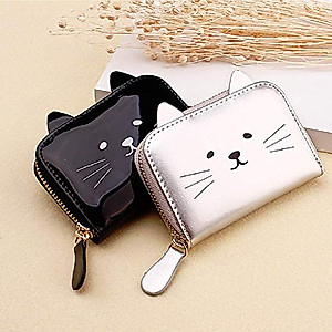 JIUFENG Women's RFID Blocking Wallet Cute Cat Printed Zipper Coin Purses Multi Purpose Card Holder Fashion Small Wallet (Black)
