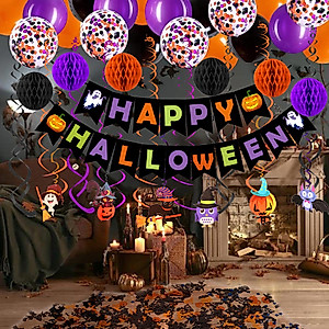 Happy Halloween Banner Paper Honeycomb Ball Swirl Streamers Circle Confetti Dots Balloons Pumpkin Ghouls Bat Cat for Halloween Party Decorations Indoor Outdoor Wall Door Decoration