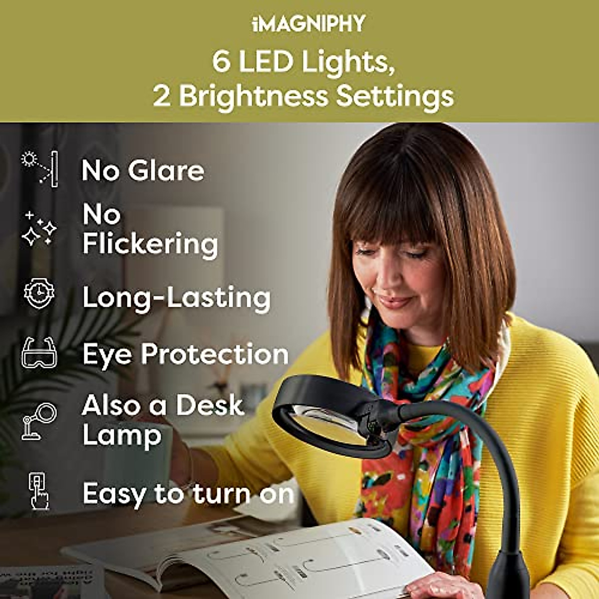 iMagniphy 8X Desk Magnifying Light - White or Black - Magnifying Lamp for Reading, Crafts - Desk Magnifying Glass with Light and Stand, 6 LEDs, Base
