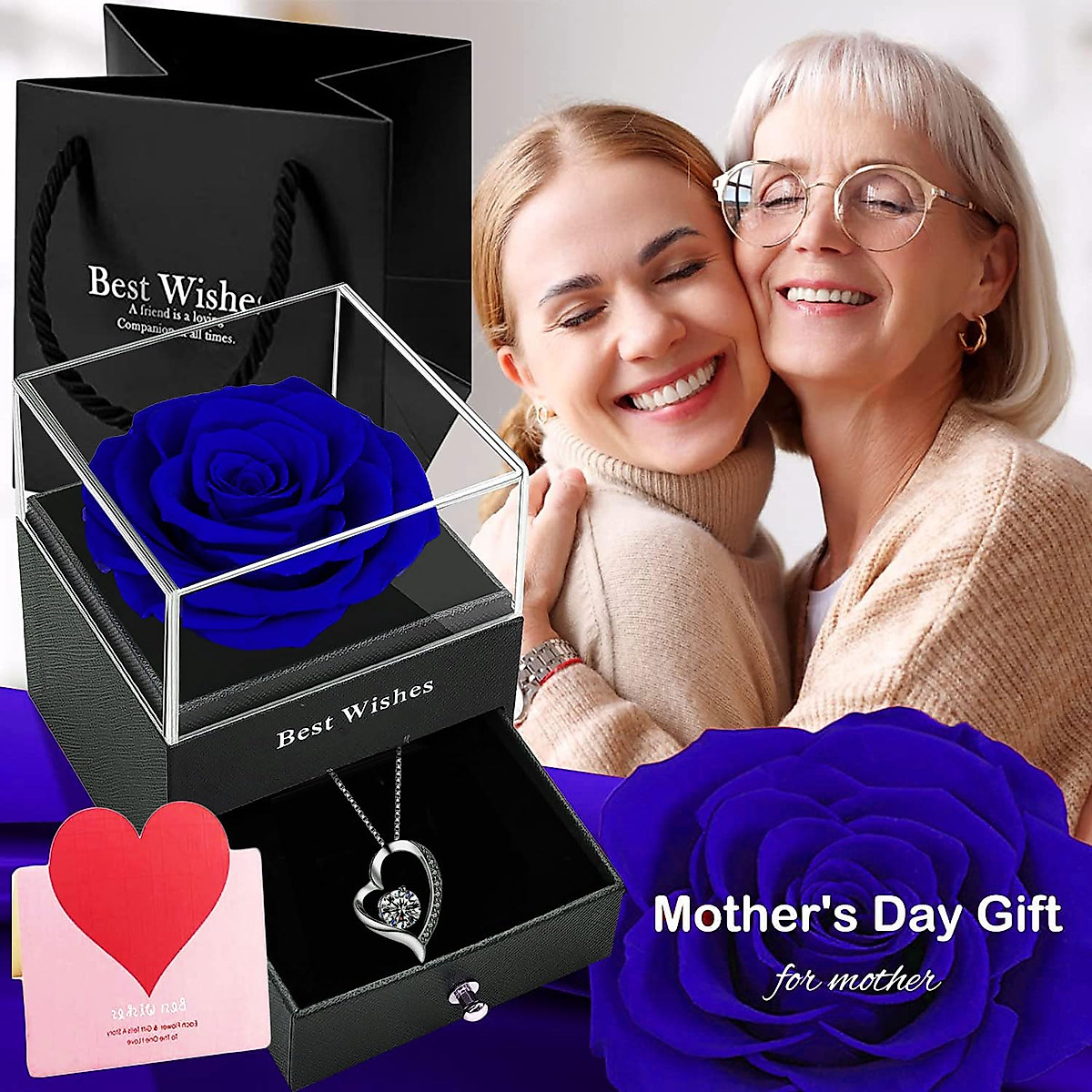 Forever Blue Rose Gift Box with Necklace - Real Eternal Rose with 925 Sterling Silver Women Necklace Inside,Enchanted Real Rose Flower for Valentine's Day Anniversary Wedding Romantic Gifts for Her.