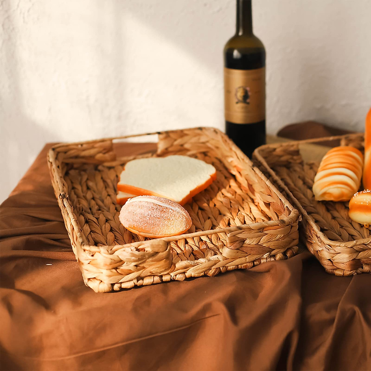 YRMT Natural Woven Tray Rectangular Hyacinth Serving Tray with Handles for Breakfast Dinner Bread Fruit Coffee Table Tea Party,Home Decorative (Middle)