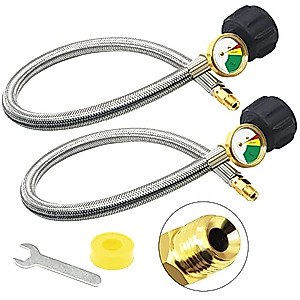 NQN 2 Packs RV Propane Hoses with Gauge,18 Inch Stainless Steel Braided Camper Tank Hose,Rv lp Gas Hoses Connector for Standard Two-Stage Regulator, 40Lb 250PSI,1/4" inverted male flare /QCC1 Fitting