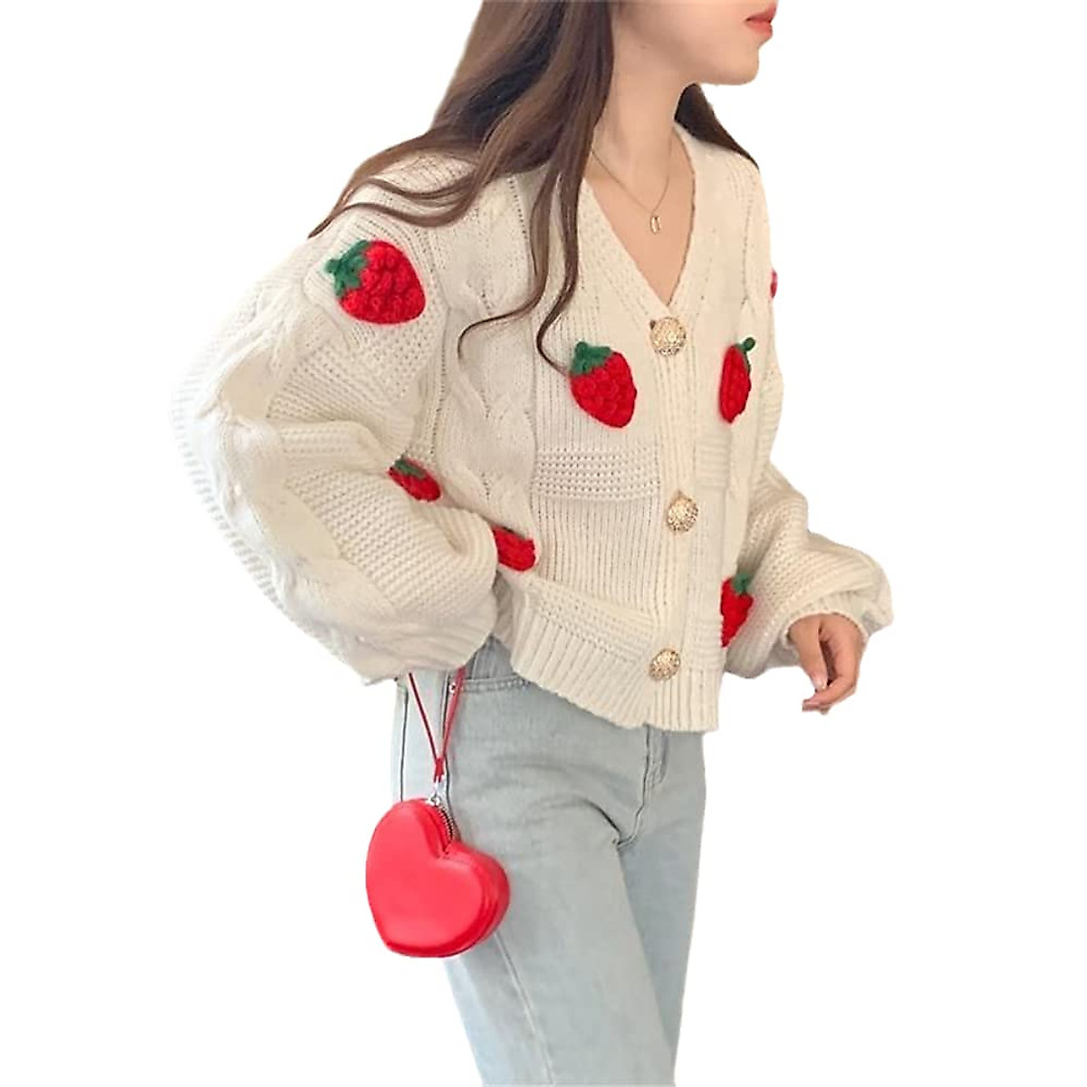 Womens Kawaii Strawberry Knit Cropped Sweater Cute Cardigan Aesthetic for Teen Girls Floral Y2k Korean School Uniform Jacket