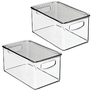 mDesign Deep Plastic Bathroom Storage Bin Box, Lid/Built-in Handles, Organization for Makeup, Hair Styling Tools, Toiletry Accessories in Cabinet, Shelves, Ligne Collection, 2 Pack, Clear/Smoke Gray