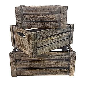 Admired By Nature Wooden Crates Storage Container, Rustic Light Brown Set of 3, Farmhouse Style Decorative Baskets for Home Decor, Rustic Decor, Nesting Stackable Organizers, Distressed Wood Crates