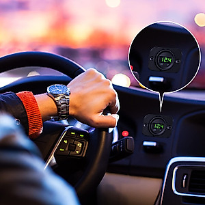 BBTO 2 Pcs DC 12V 24V Waterproof Car Voltmeter with LED Digital Display Panel and Mounting Plate Round Voltage Gauge Meter with Terminal for Boat Marine Vehicle Motorcycle Truck ATV UTV (Green Light)