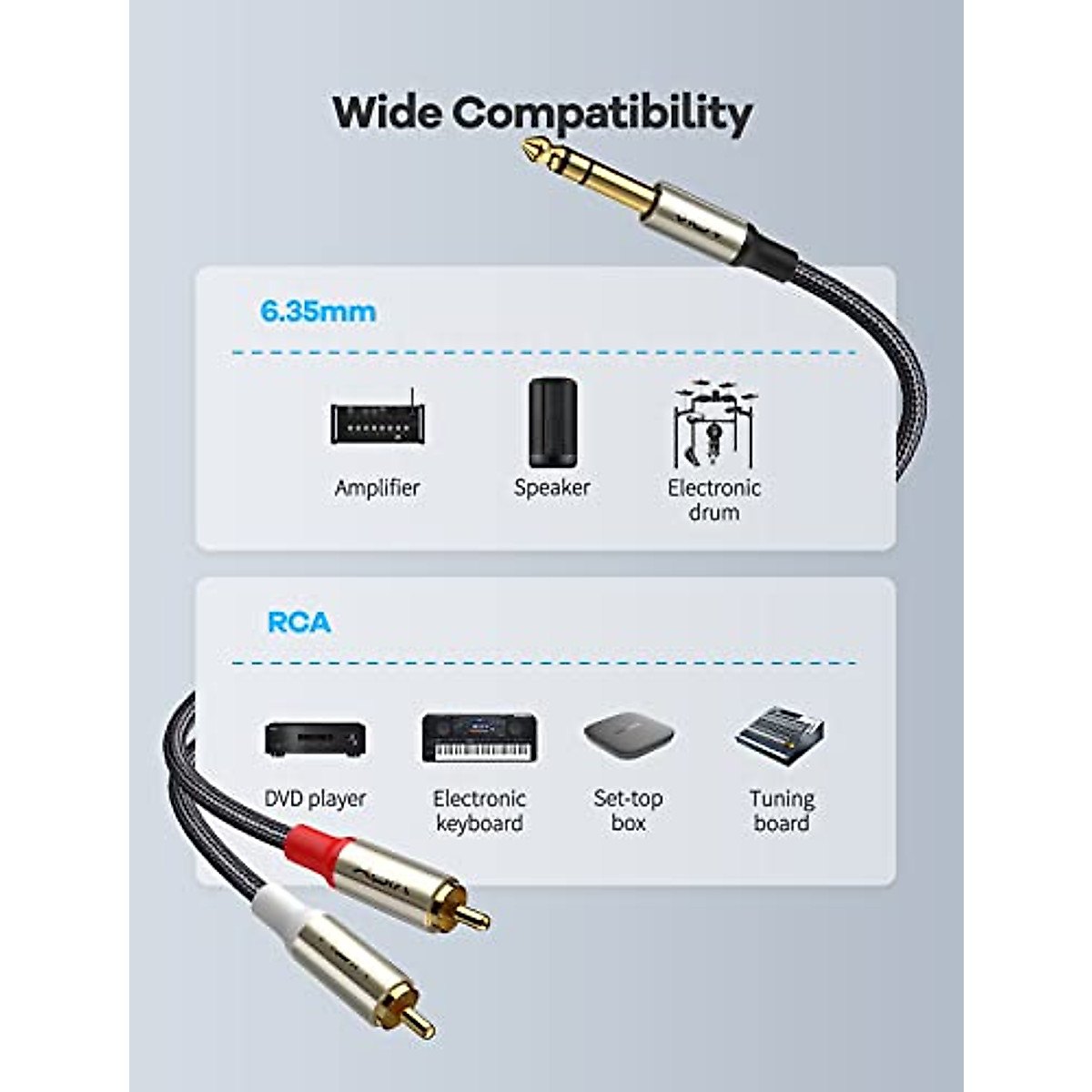 VIOY 1/4 to Dual RCA Audio Cable, Gold Plated Copper Shell Heavy Duty 6.35mm Quarter Inch Male TRS Jack to 2 RCA Phono Male Stereo Y Insert Splitter Adapter……