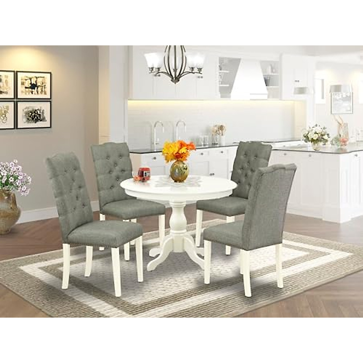 East West Furniture HBEL5-LWH-07 5 Piece Kitchen Table & Chairs Set Includes a Round Dining Room Table with Pedestal and 4 Gray Linen Fabric Parson Dining Chairs, 42x42 Inch, Linen White