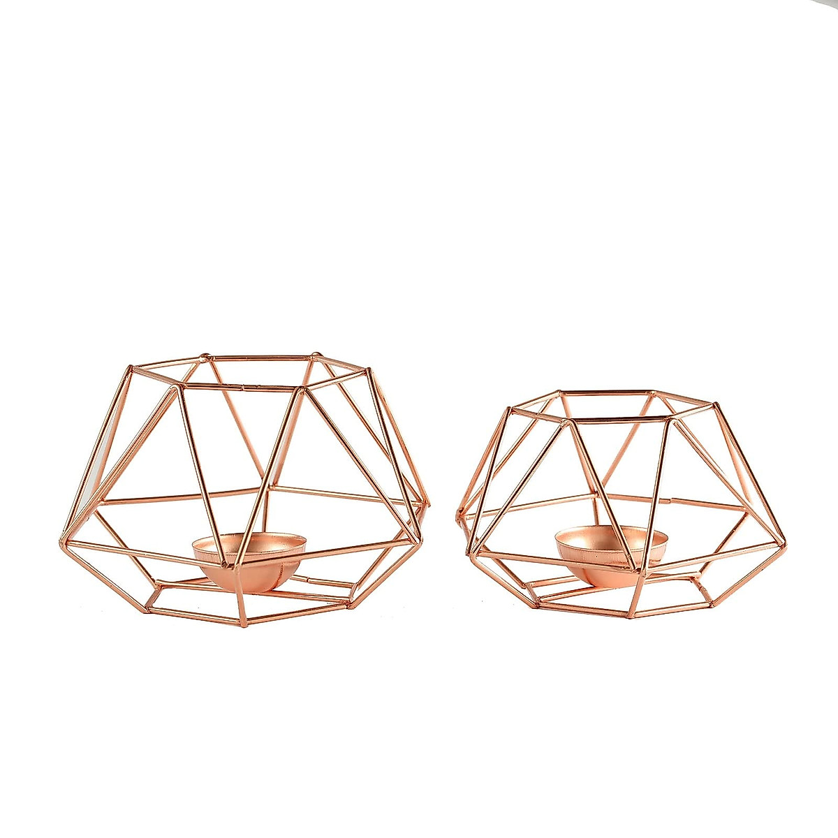 TABLECLOTHSFACTORY Set of 2 Rose Gold Metal Hexagon Top Geometrical Tealight Candle Holders Flower Vase - 4"|3"