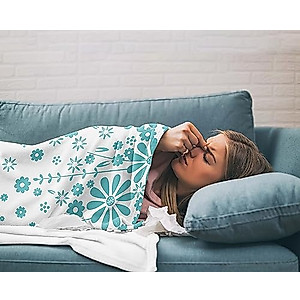 Throw Blanket- Teal Petal Flower Vine Soft Warm Plush Fleece Bed Throw,50x60In Flannel Blankets Abstract Plant Bedding Throws for Women/Men Bedroom Living Room Office Decor Simple Pastoral Floral