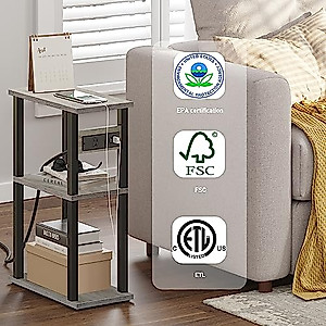 TUTOTAK Small Narrow Side Table with Charging Station, Set of 2 Skinny End Table for Small Spaces, Slim Nightstand with USB Ports and Outlet,Sofa Beside Table with Wheels, Greige TB01BG047
