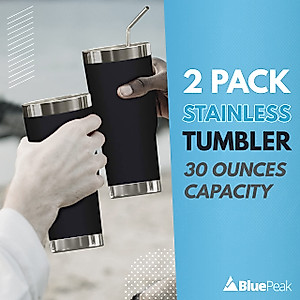 BluePeak Double Wall Vacuum Stainless Steel Insulated Tumblers Set, 2-Pack - Includes 2 Sipping Lids, 2 Spill-Proof Sliding Lids, 2 Straws, 1 Cleaning Brush & Gift Box (30 oz, Black)