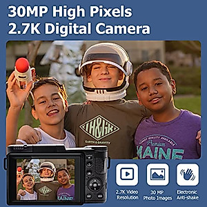 Digital Camera for Photography, Vlogging Camera with 2.7K Full HD, 30MP YouTube Camera with 180 Degree Rotation 3.0 Inch Flip Screen, 4P Lens, 32GB SD Card and 2 Batteries（Focus Fixed）