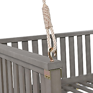 CKLMMC Minimalist 2-Person Acacia Wood Swing Bed, Patio Porch Swing with Ropes for Backyard Garden, Safe Sloped Design,Mattress, Cushions and Pillows not Included(Gray/Acacia)