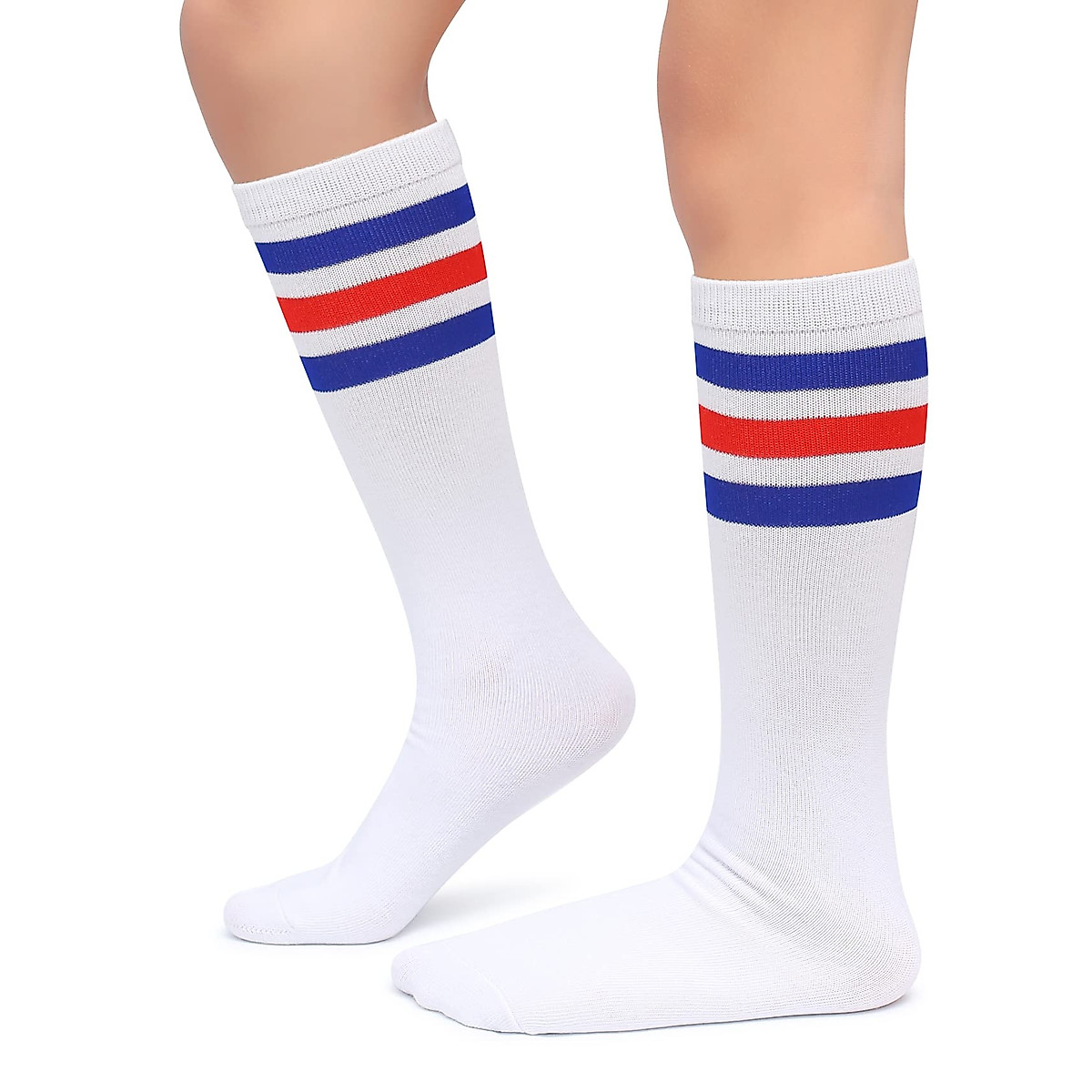 Henwarry Kids Toddler Soccer Socks Classical Stripes Cotton Soft Over the Calf Tube Socks for Boys Girls (A03-Blue/Red/White)