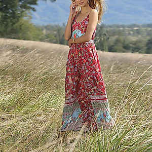 F_Gotal Womens V Collar Chiffon Long Sleeve Floral Print Strap Long Maxi Dress Fashion Beach Sundress Party Cocktail