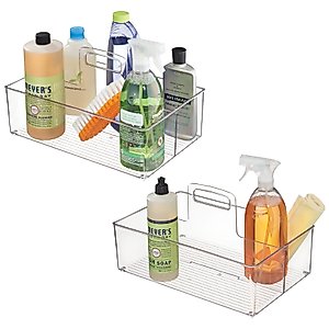 mDesign Large Plastic Divided Portable Storage Organizer Caddy Tote Basket Bin with Handle for Kitchen, Pantry, Countertop, Cabinet, Cupboard - Ligne Collection - 2 Pack - Clear