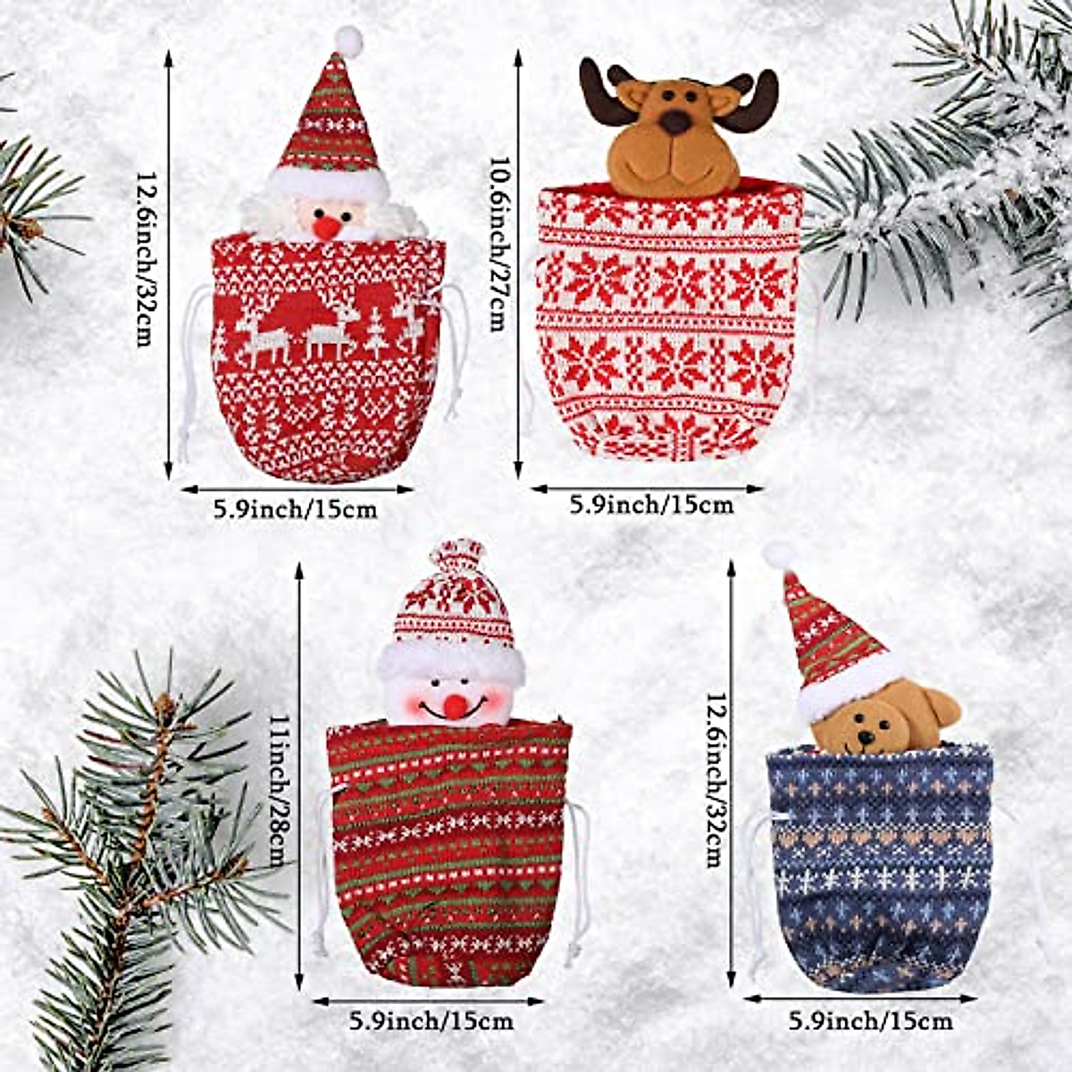 Christmas Gift Doll Bags with Drawstring Reusable, Knitted Burlap Santa Gifts Bags with Drawstring Santa Claus, Snowman, Elk, Bear for Kids Holiday Wrapping (4 Pcs)