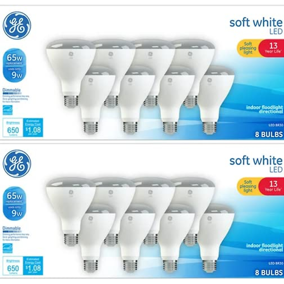 GE LED 9-Watt, 650 Lumens, (65W Equivalent) Soft White, BR30 Indoor Floodlight Bulbs, E26 Medium Base, 13-Year Life, 16pk