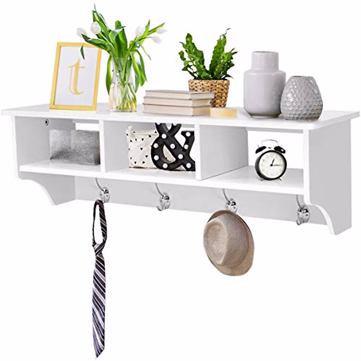 Byroce Wall Mounted Storage Cabinet, Floating Display Cabinet with 4 Dual Hooks and 3 Open Compartments, Hanging Shelf, Wall Cubby Organizer, Perfect for Entryway, Hallway, Living Room (White)